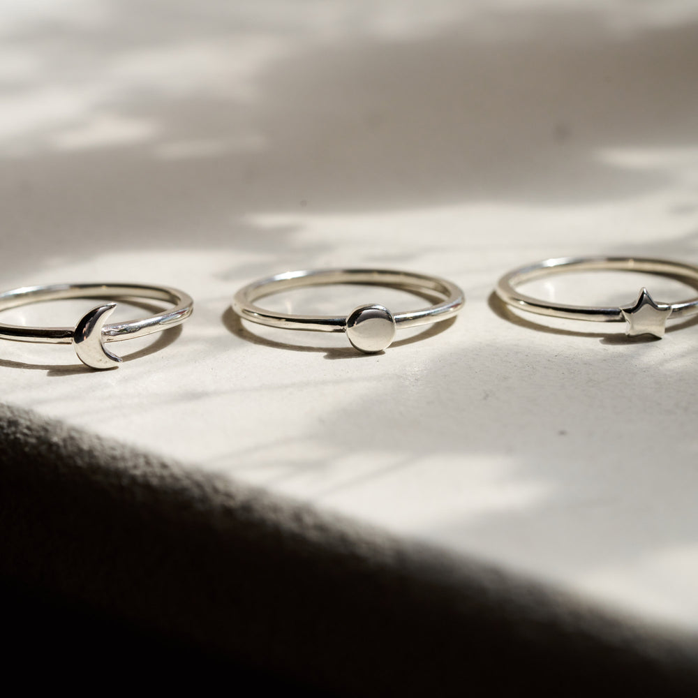 Sterling Silver Sun, Moon and Star Ring Stack by Chupi Jewellery